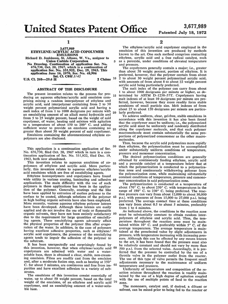 EAA Copolymer Emulsions - US3677989 | PDF | Polymers | Polymerization