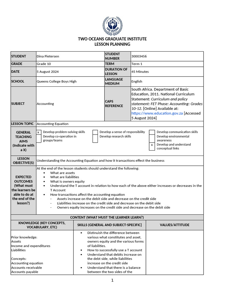 TOGI New Lesson Plan Template Draft | PDF | Debits And Credits | Equity ...