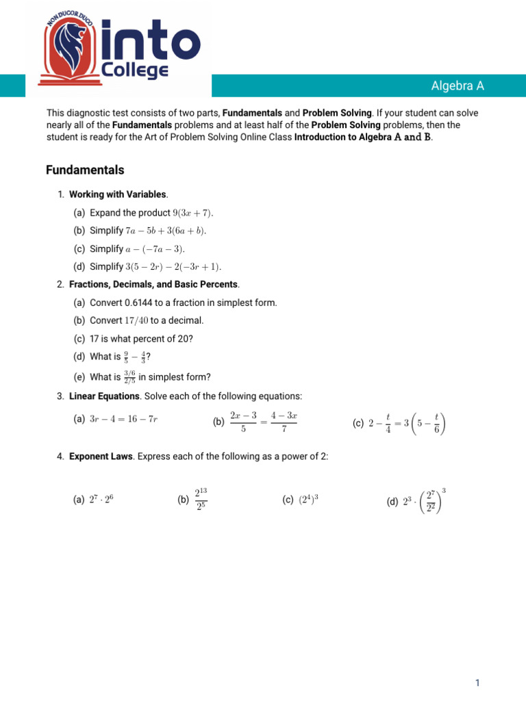 Algebra-A-Pretest - Student | PDF | Algebra | Square Root