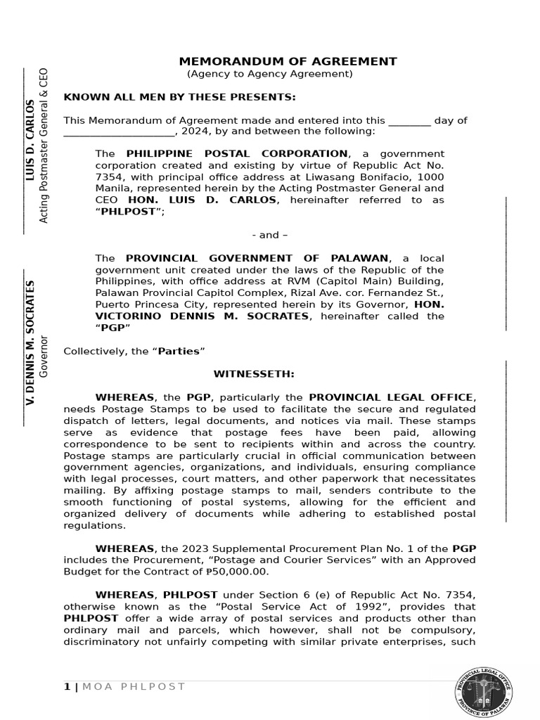 Agency Agreement for Postage Stamps | PDF | Mail | Justice