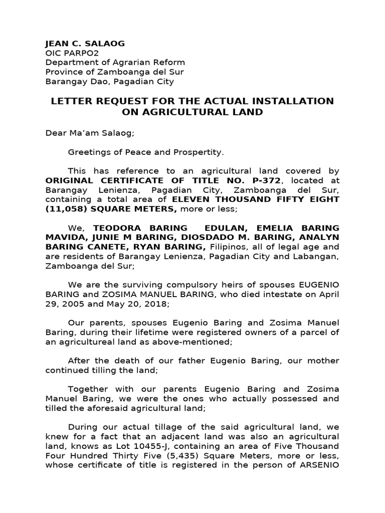 Letter For Installation of Agri Land Heirs of Baring | PDF | Property ...