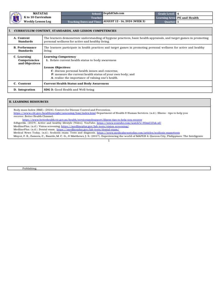 Health Awareness in Grade 4 PE Curriculum | PDF | Body Mass Index | Health Care