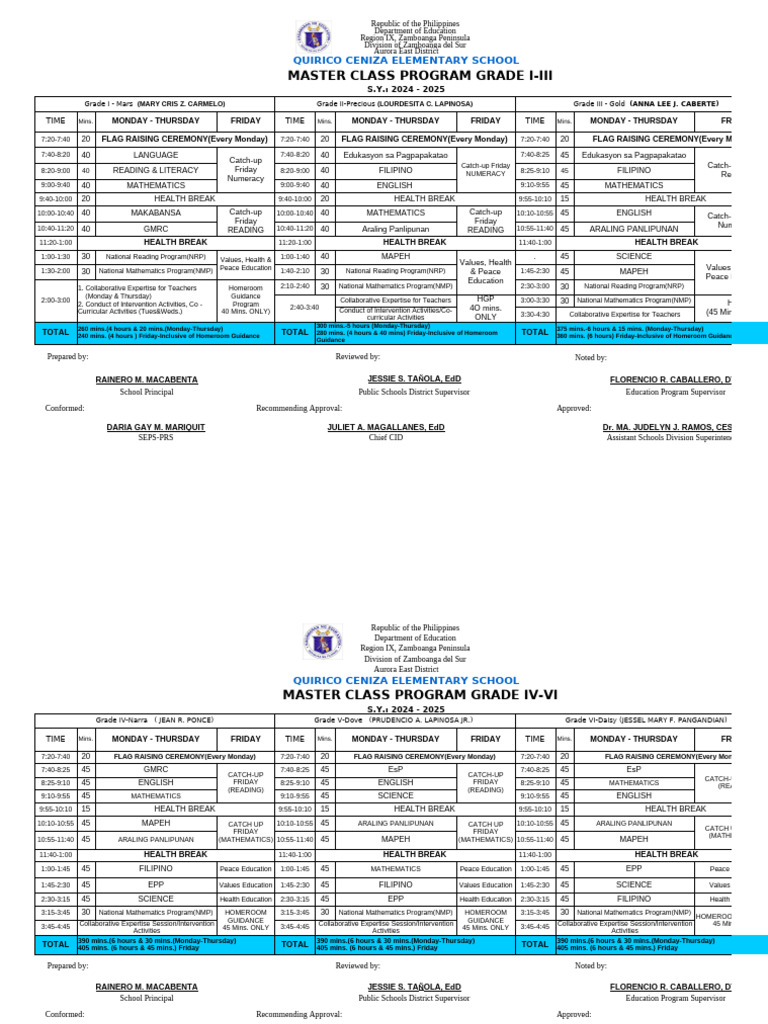 Quirico Ceniza Elementary School Schedule | PDF | Philippines ...