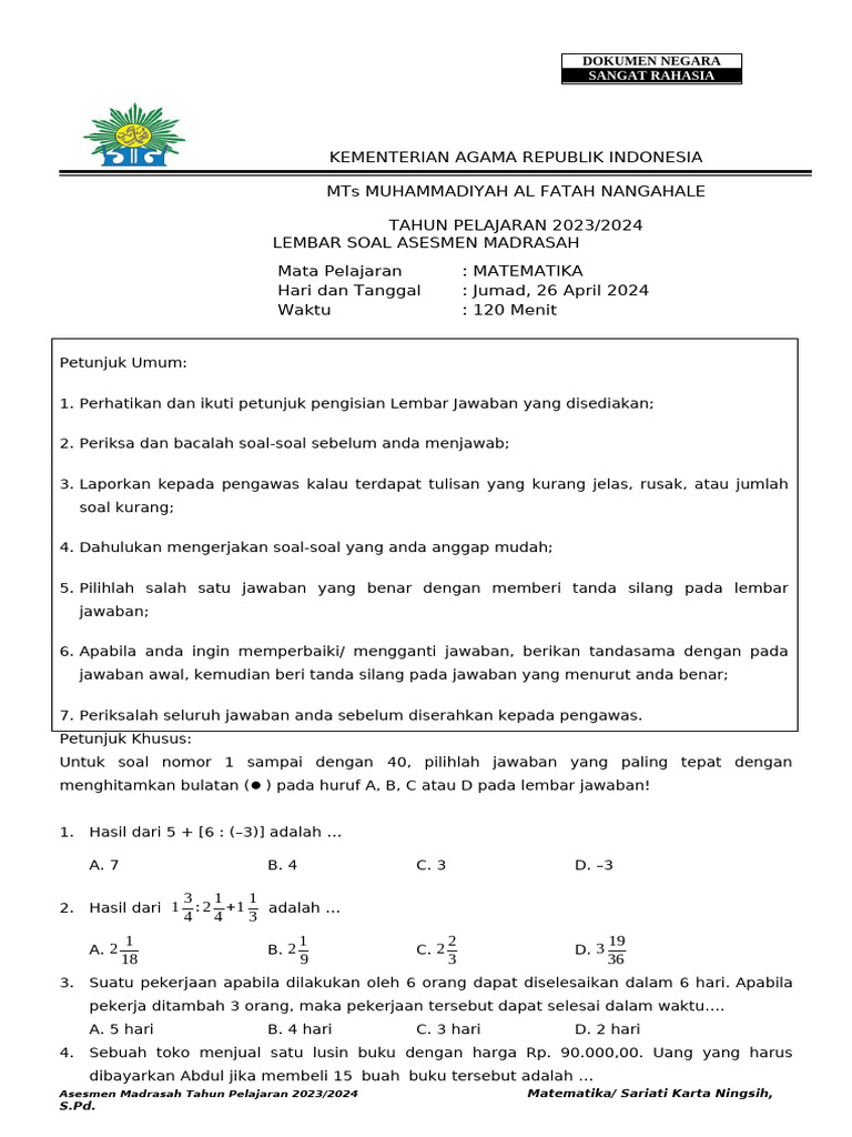 2024 Naskah Soal AM Matematika | PDF