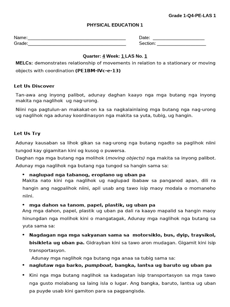Grade 1 q4 Pe Las 1 | PDF