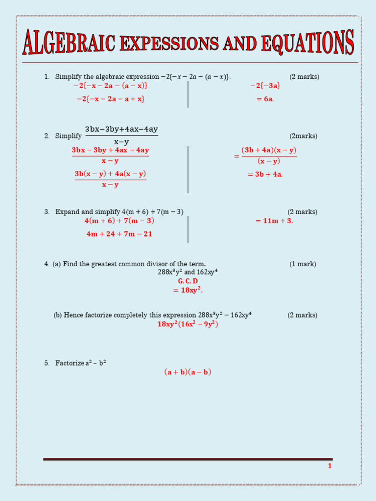 1.10 Algebraic Expressions and Equatuins MS | PDF | Equations | Mathematics