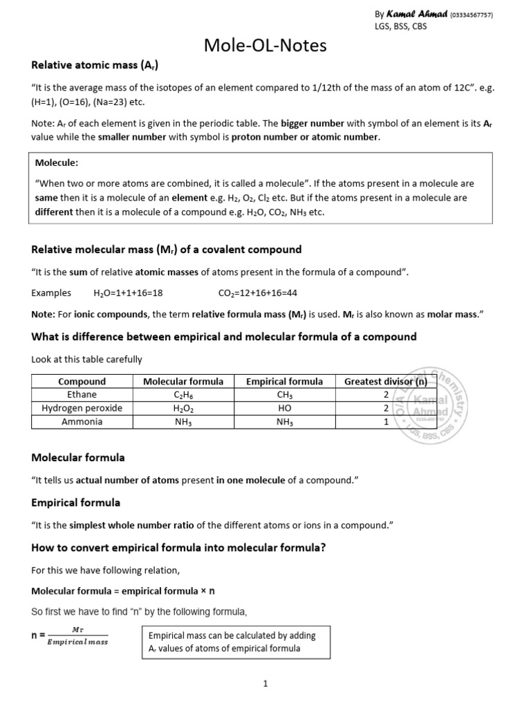 Mole OL Notes | PDF | Mole (Unit) | Molecules
