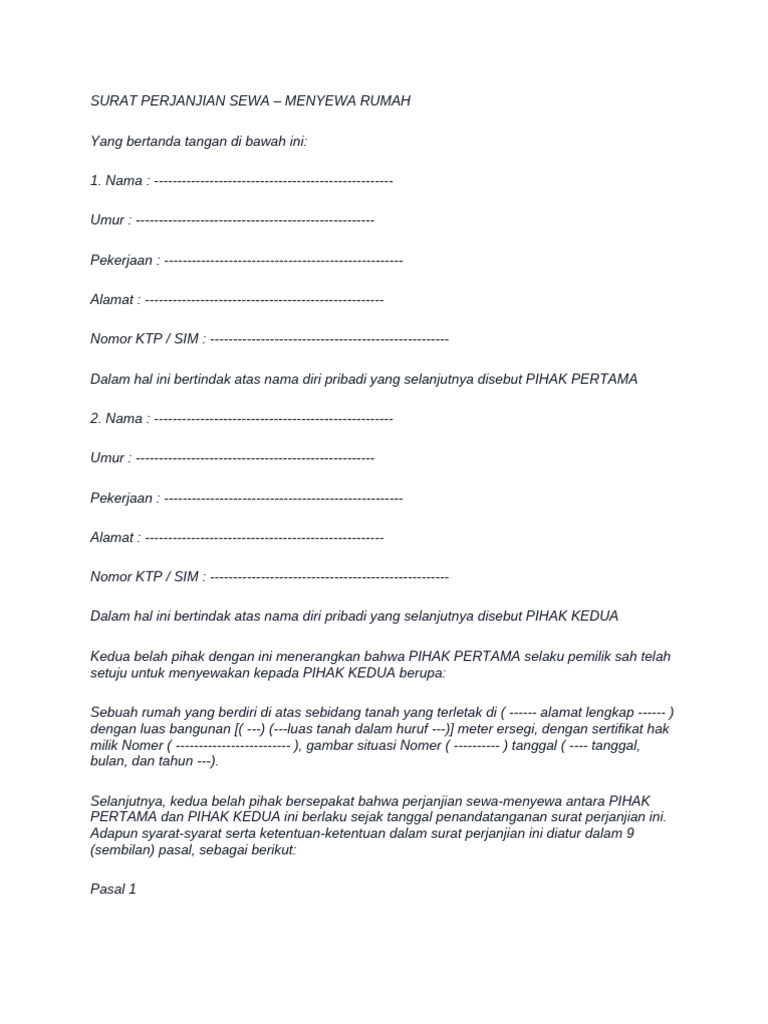 Contoh 1 SURAT PERJANJIAN SEWA | PDF