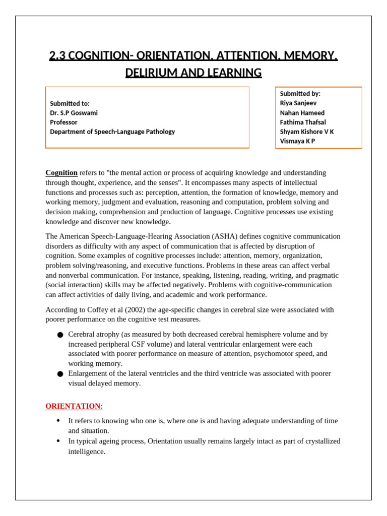 2.3 Cognition - Orientation, Attention, Memory, Delirium and Learning | PDF | Memory | Attention
