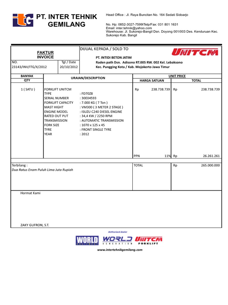 Invoice Forkklift TCM | PDF | Vehicles | Wheeled Vehicles