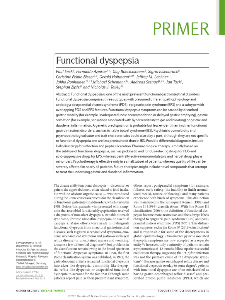 Functional Dyspepsia Enck2017 | PDF | Indigestion | Irritable Bowel Syndrome
