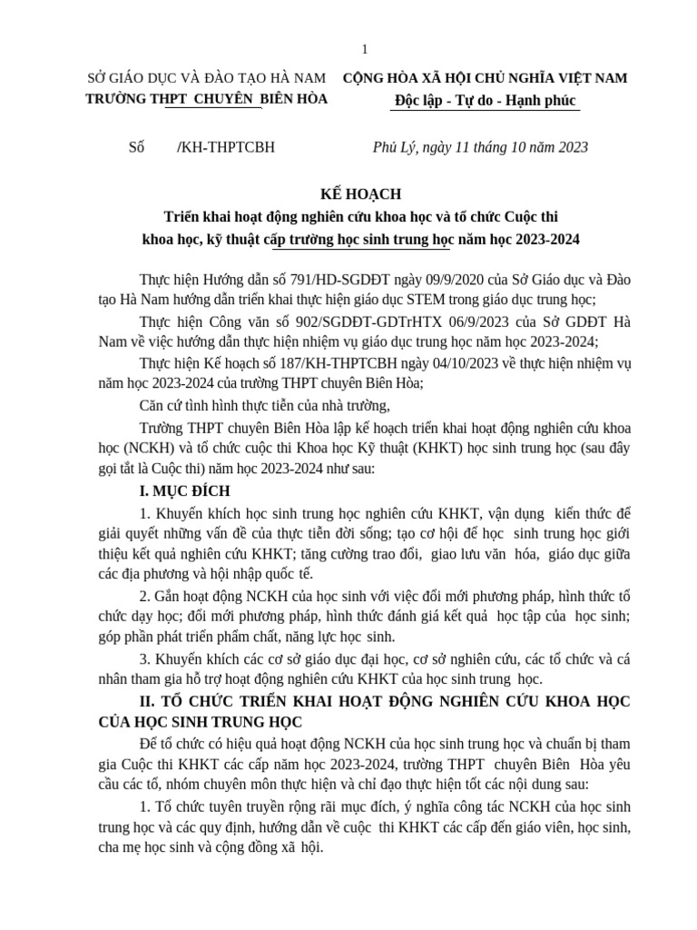 KH KHKT Cấp Trường Năm Học 2023-2024 - CBH | PDF