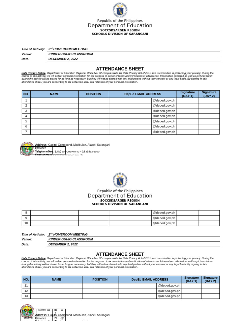 PAWIM F 018 Attendance Sheet 1 | PDF | Privacy | Computing