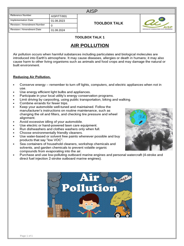 Toolbox Talk 1 - Air Pollution | PDF