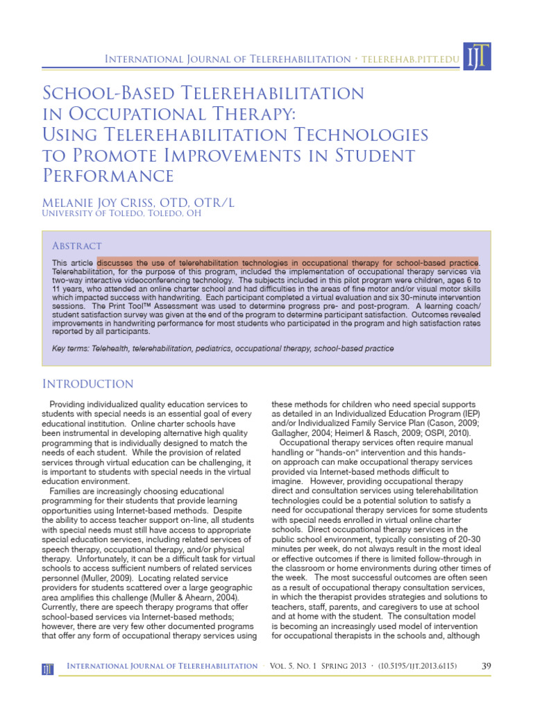 School-Based Telerehabilitation in Occupational Therapy Using ...