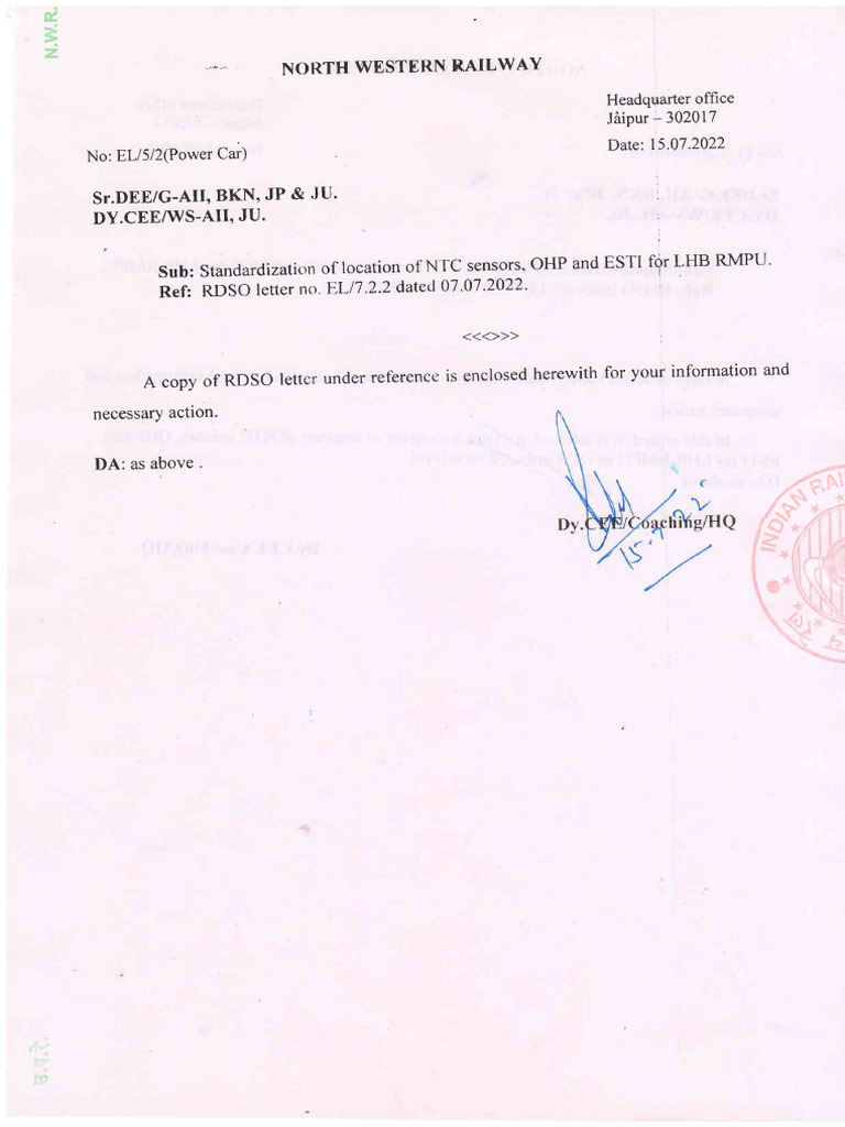 Standardization of Location of NTC Sensors, OHP and ESTI For LHB RMPU | PDF