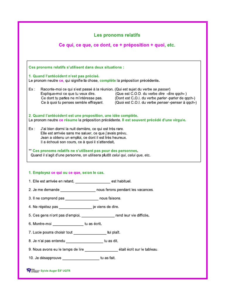 A French Exam About Les Pronom Relatifs | PDF
