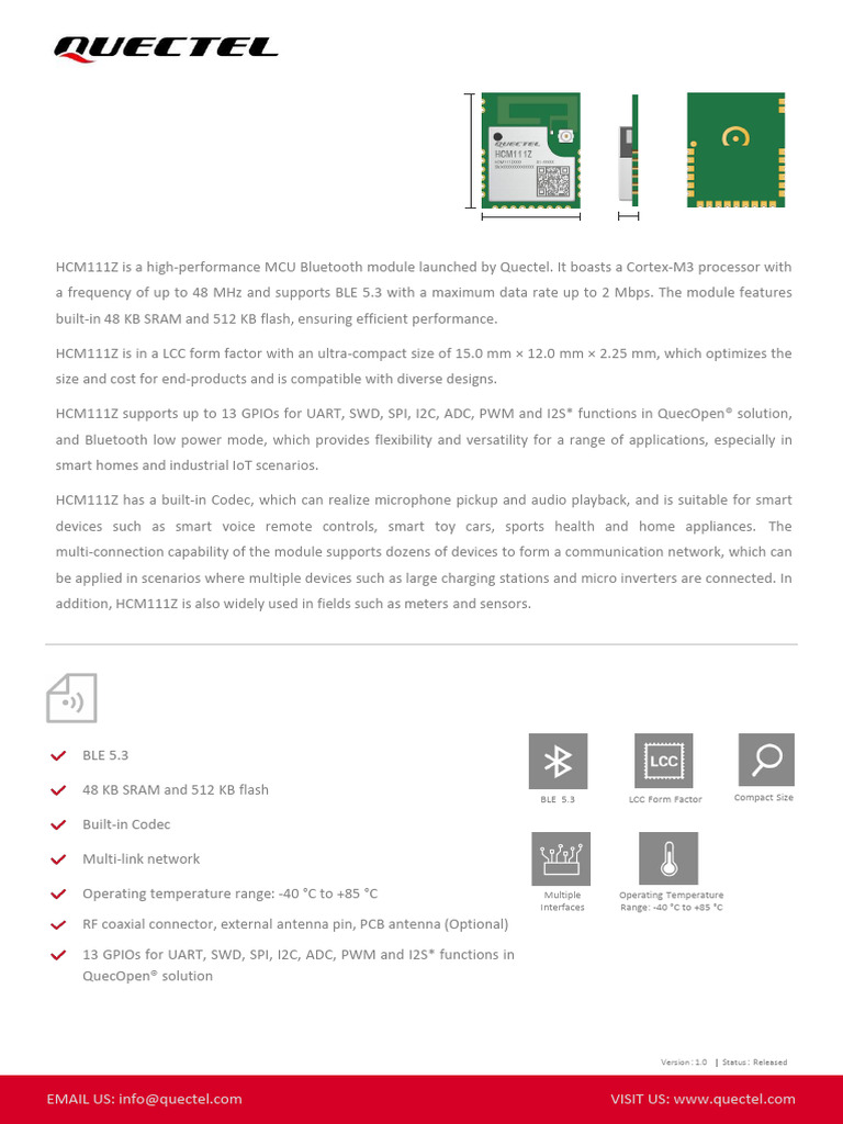 Quectel HCM111Z Bluetooth Module Specification V1.0 | PDF | Bluetooth | Telecommunications