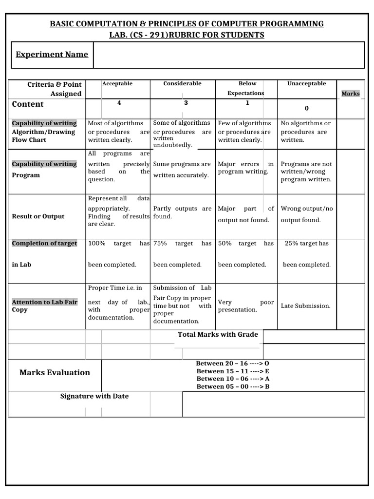 CME LAB Rubrics Used For Evaluation | PDF | Rubric (Academic) | Algorithms