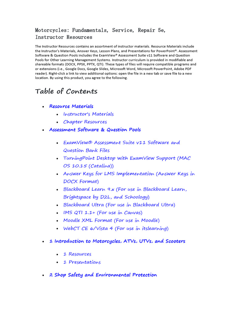 Motorcycles Fundamentals, Service, Repair 5e, Instructor Resources ...