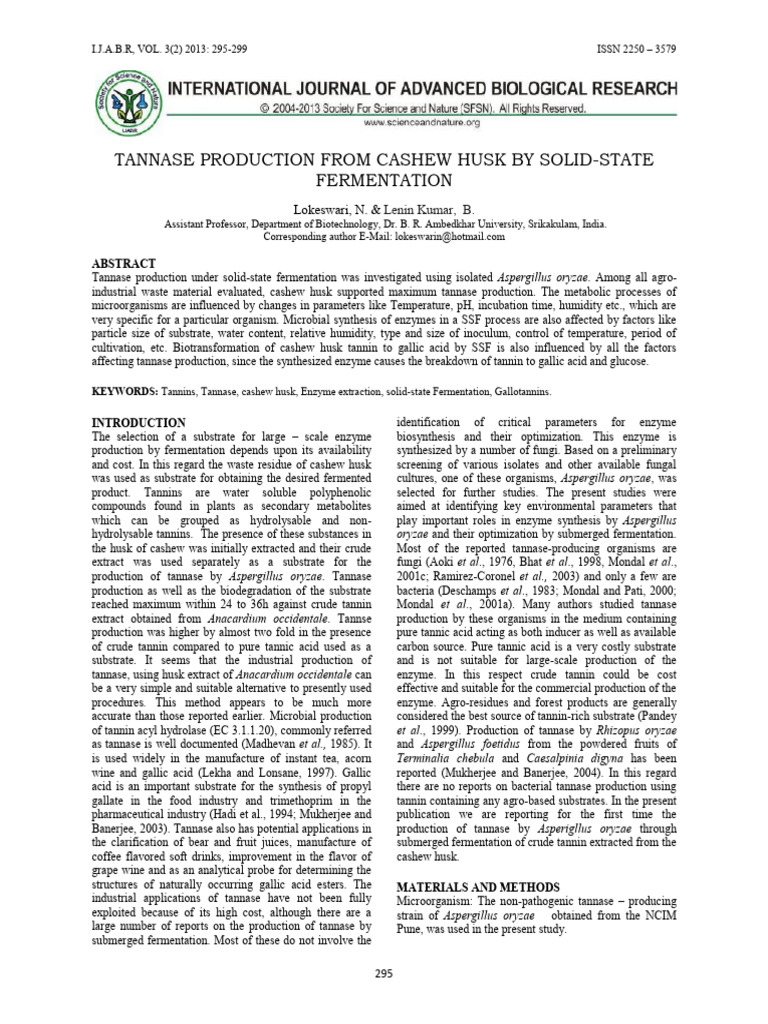 Tannase Production From Cashew Husk by Solid-State Fermentation | PDF | Enzyme | Mass ...