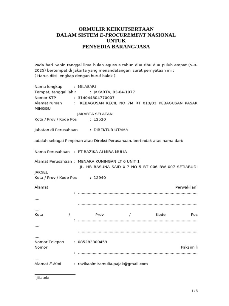 Formulir - Keikutsertaan Badan Usaha | PDF