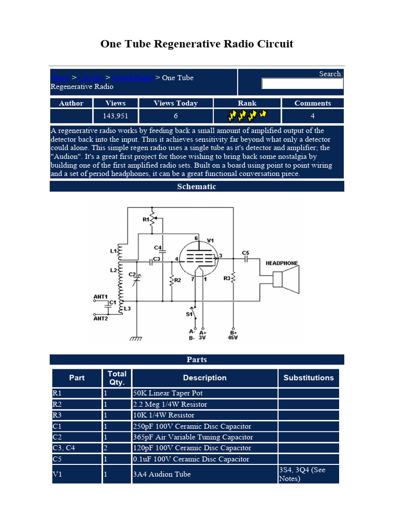 One Tube Regenerative Radio Circuit | PDF | Amplifier | Vacuum Tube