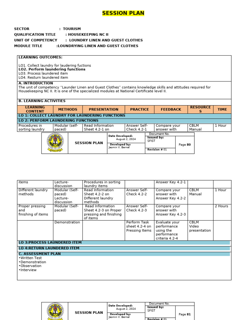 Session-Plan Housekeeping NC II _Jasmin V. Bernal | PDF | Learning | Laundry