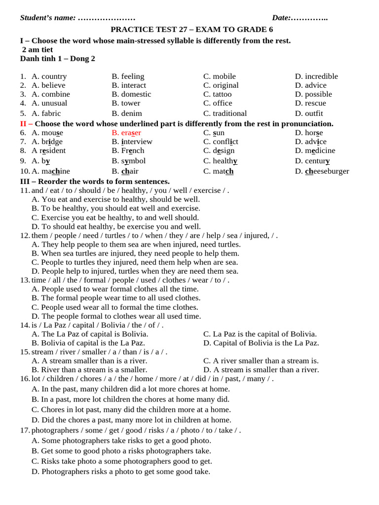 Grade 6 English Practice Test 27 | PDF