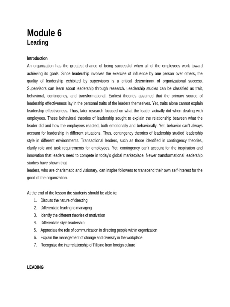 ABM 04-18 - Module 6 - Leading - 2019 | PDF | Leadership | Motivation