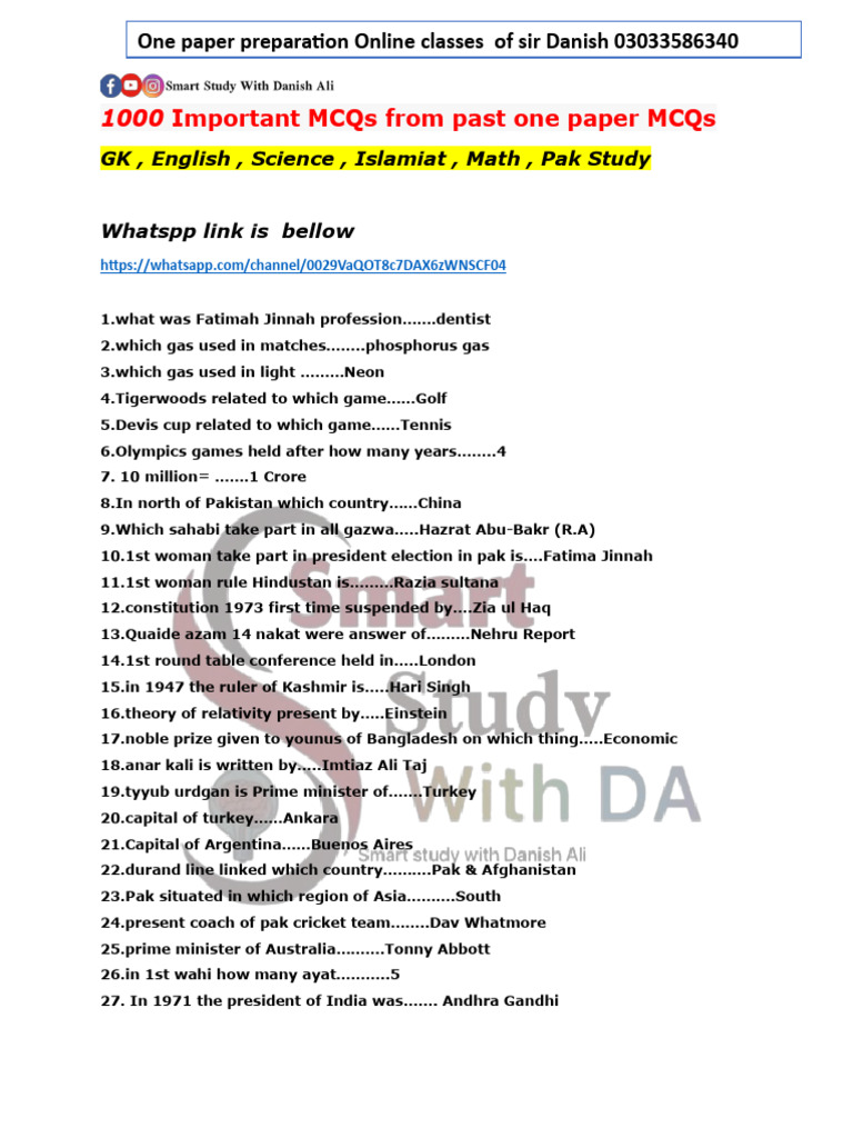 1000 Important MCQs From Past One Paper MCQs | PDF | Muhammad Ali ...