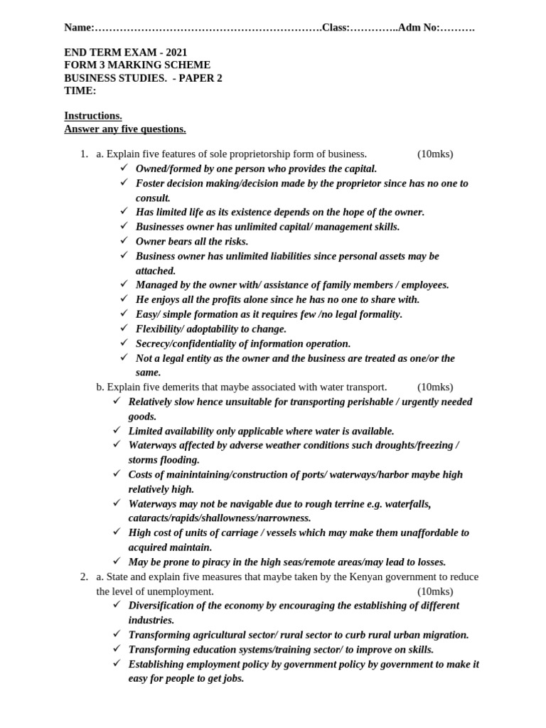 F3 BUSINESS STUDIES PP2 MS Teacher - Co - .Ke End Term 2 | PDF | Income | Banks