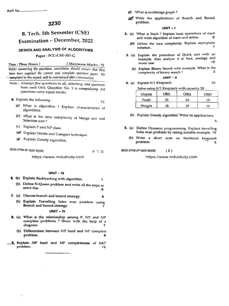 Btech Cse 5 Sem Design and Analysis of Algorithms 3230 Dec 2022 | PDF