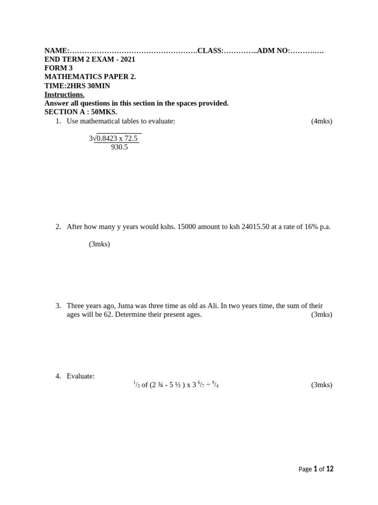 F3 MATHS PP2 QN Teacher - Co - .Ke End Term 2 | PDF | Logarithm | Mathematics