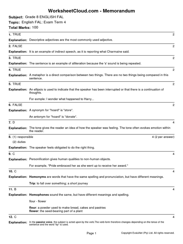 G8 English FAL Term 4 Exam MEMO | PDF | Subject (Grammar) | Verb