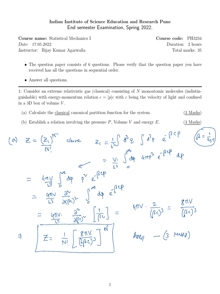 Endterm 2022 Solution | PDF | Statistical Mechanics | Theoretical Physics Endterm 2022 Solution | PDF | Statistical Mechanics | Theoretical Physics
