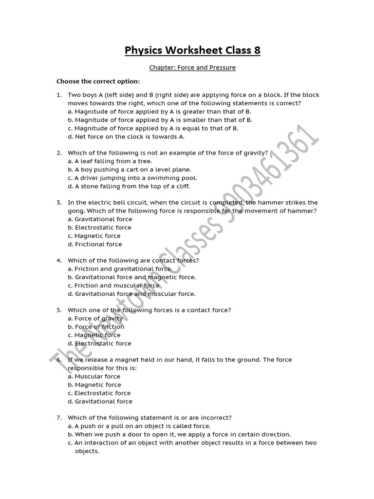 Class8 Force&Pressure WS | PDF | Force | Gravity