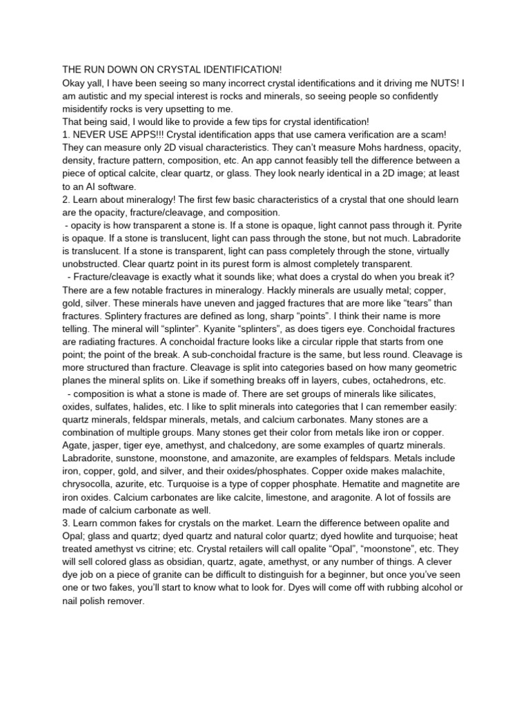 Crystal Identification Guide | PDF | Minerals | Quartz