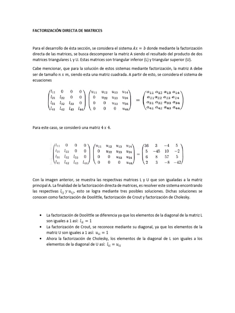 Factorización Directa de Matrices | PDF | Matriz (Matemáticas) | Matemáticas Aplicadas