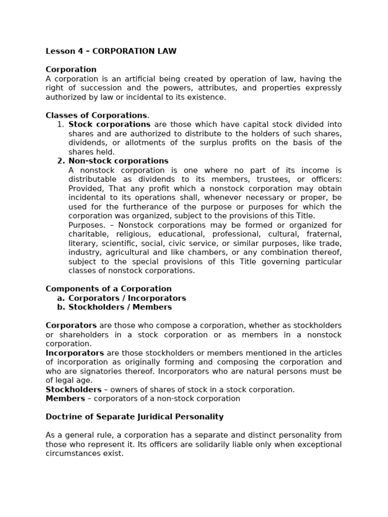 Lesson 4 - CORPORATION LAW | PDF | Corporations | Stocks