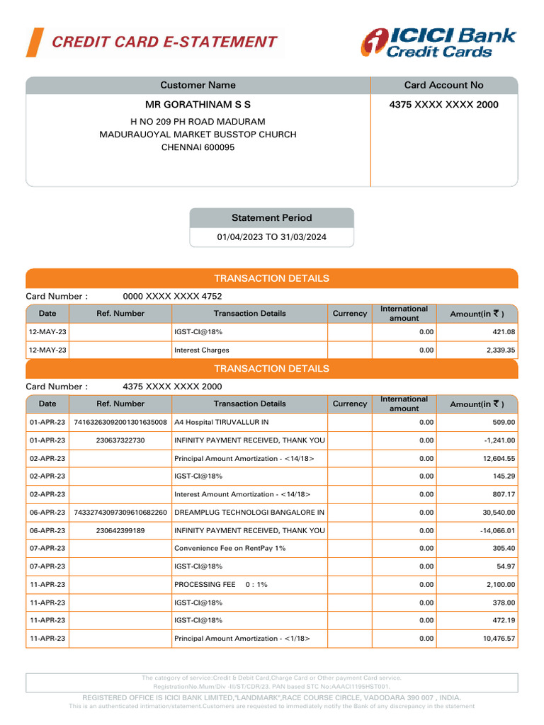 ICICI Bank Card Statement 2023-2024 | PDF | Payments | Credit Card