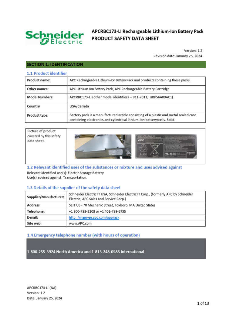APC Lithium-Ion Battery Pack Safety Data | PDF | Dangerous Goods ...
