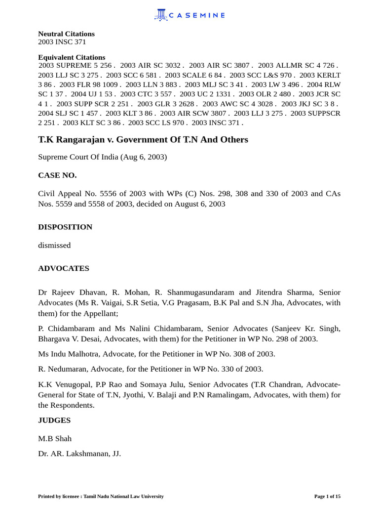CASEMINE - T.K Rangarajan v. Government of T.N and Others | PDF ...