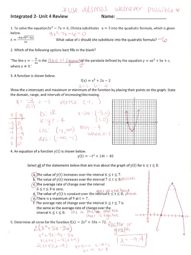 Unit 4 Review Answers - Integrated 2 | PDF
