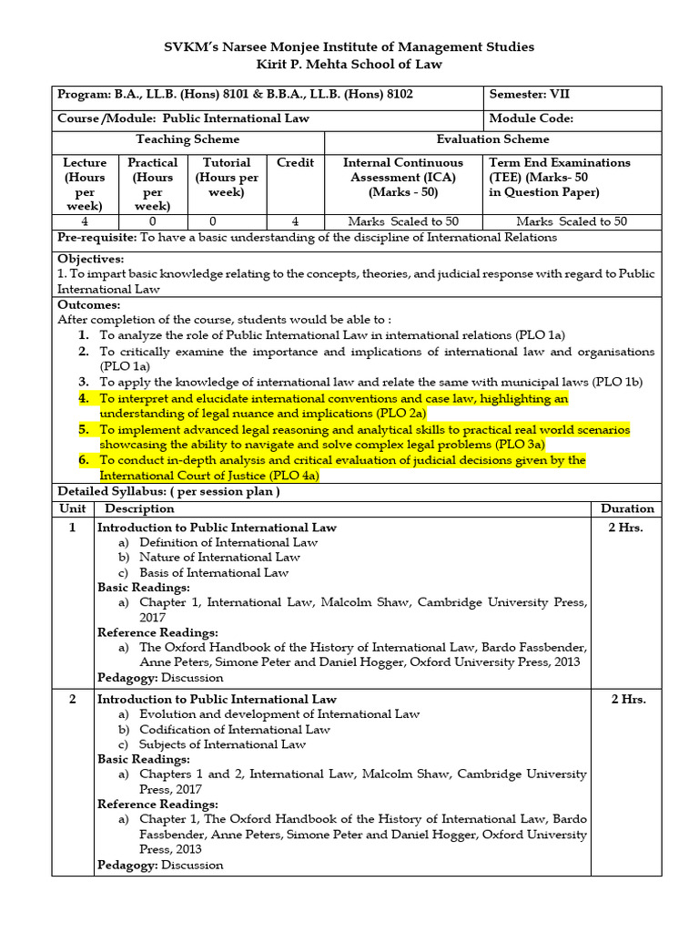 Sem VII - Public International Law - 2024-25 | PDF | International Law | Evaluation