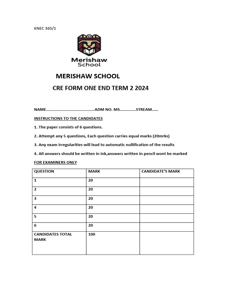 Form One Cre Questions | PDF | Christian Belief And Doctrine | Theology