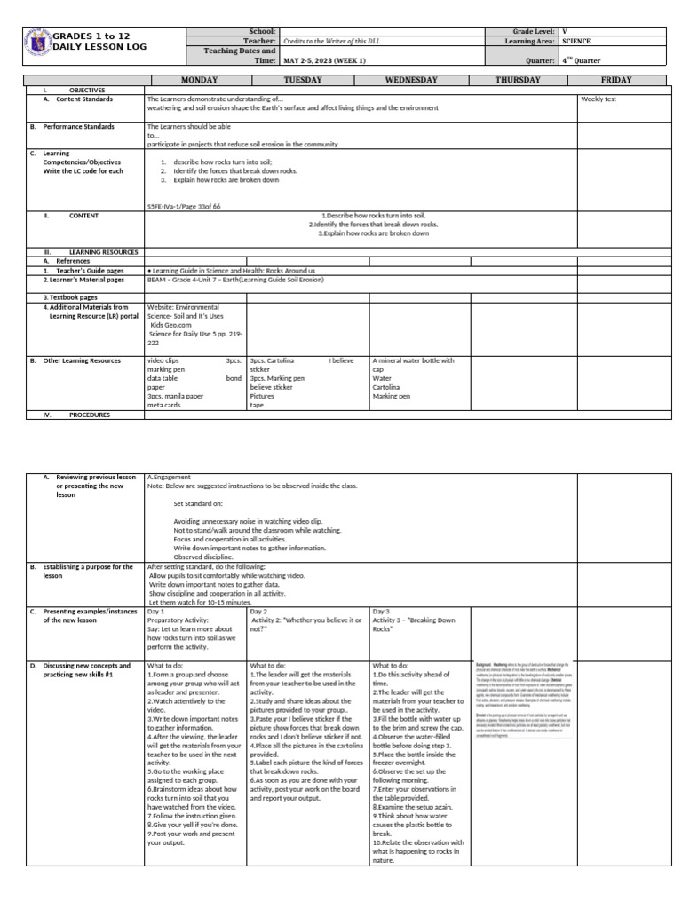 Grade 5 Daily Science Lesson Plan | PDF | Teachers | Learning