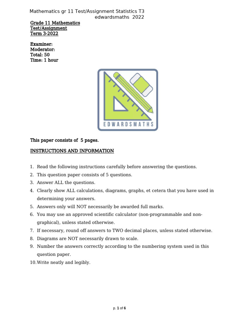 GR 11 Edwardsmaths Test or Assignment Statistics T3 2022 Eng | PDF ...