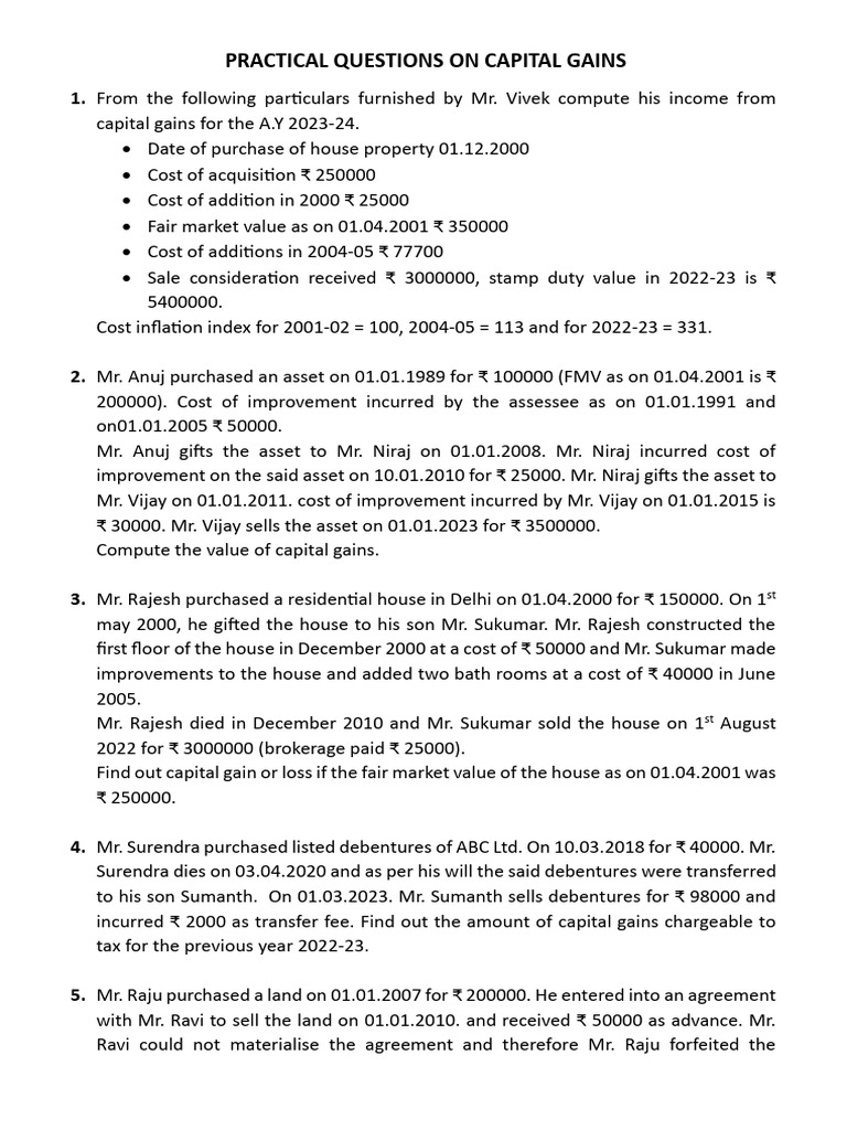 Capital Gains Questions - 1 | PDF | Capital Gains Tax | Expense