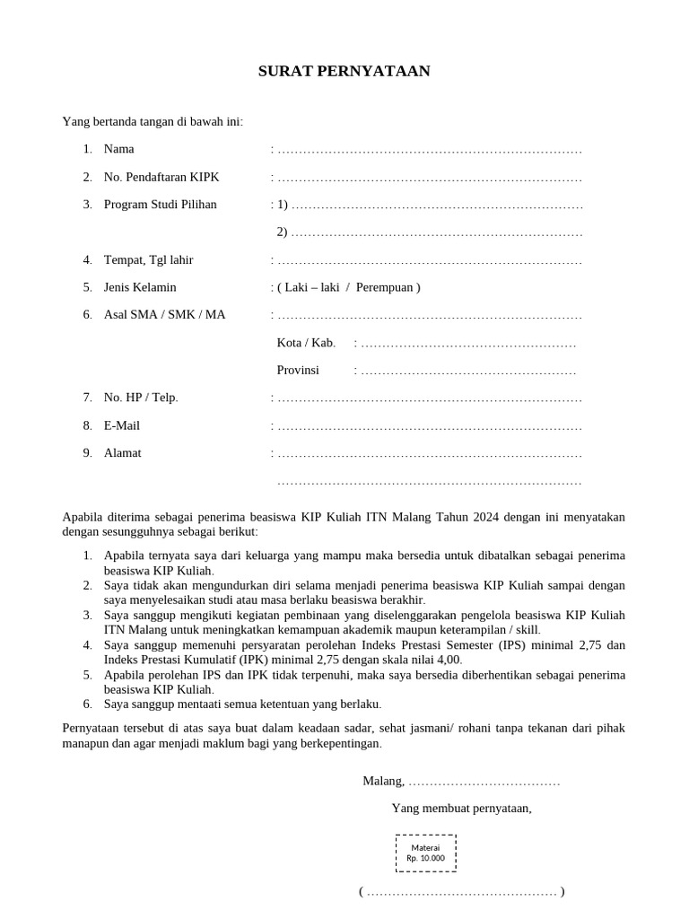 Surat Pernyataan Pendaftar KIPK 2024 | PDF